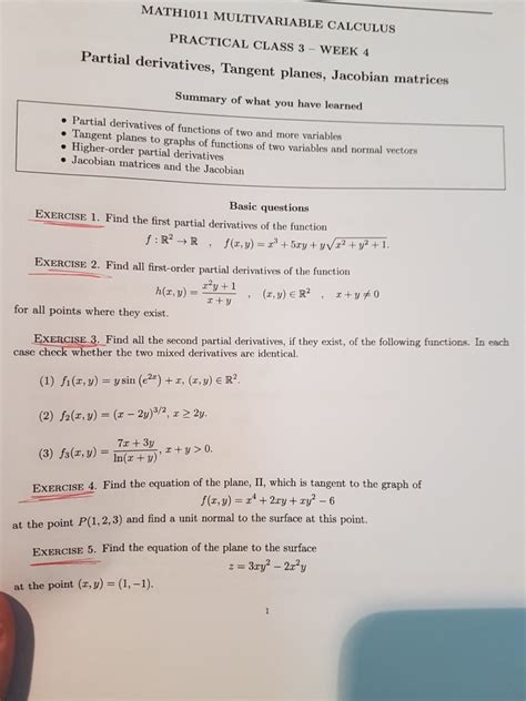 Solved Math1011 Multivariable Calculus Practical Class 3