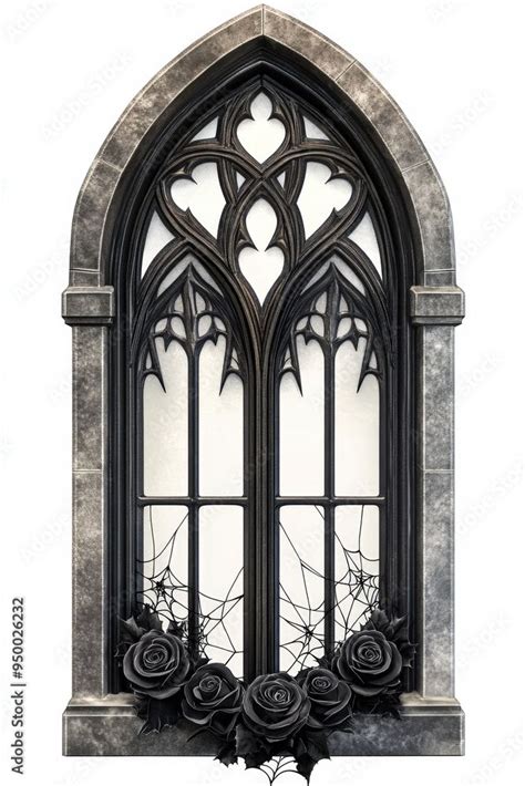 Стоковая иллюстрация Gothic Stone Arch Window With Black Roses And