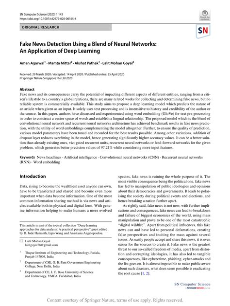 Fake News Detection Using A Blend Of Neural Networks An Application Of Deep Learning Request Pdf