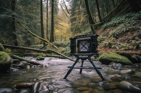 Premium Ai Image Metal Detector Frame In Forest With Rushing Stream