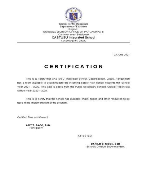 Certification Signed By The School Head Duly Attested By The Sds On