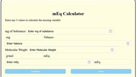 Meq Calculator Milliequivalents Milligrams Milliliters