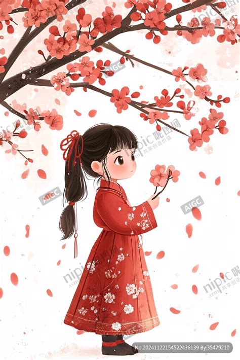 ai创作图卡通红色汉服女孩 卡通桃花女孩 桃夭插画 古风小孩放鞭炮 招桃花插画 迎春的小女孩 汉服女孩插画 古风汉服q版女孩过年 卡通女孩樱桃