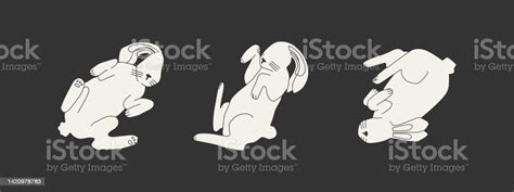 토끼 또는 토끼는 다양한 포즈로 날고 명상하거나 뛰어 넘습니다 검은 배경에 2023 토끼의 상징 벡터 트렌드 디자인을위한 고립 된 일러스트레이션 2023년에 대한 스톡 벡터