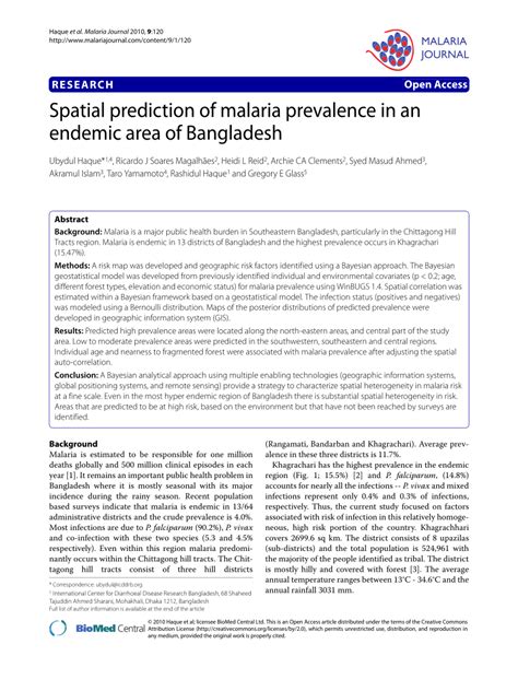 Pdf Spatial Prediction Of Malaria Prevalence In An Endemic Area Of Bangladesh