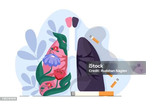 흡연자 폐 개념 꽃이 만발한 폐와 검은 폐 건강에 해로운 생활 방식과 나쁜 습관 담배와 니코틴 중독 평면 벡터 일러스트 레이 션 0명에 대한 스톡 벡터 아트 및 기타 이미지