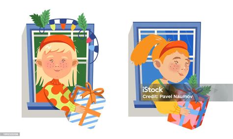 창문 밖을 내다보는 선물 상자가있는 귀여운 아이들 사랑스러운 어린 소녀가주고받는 크리스마스 선물 만화 벡터 일러스트 레이 션 겨울에 대한 스톡 벡터 아트 및 기타 이미지
