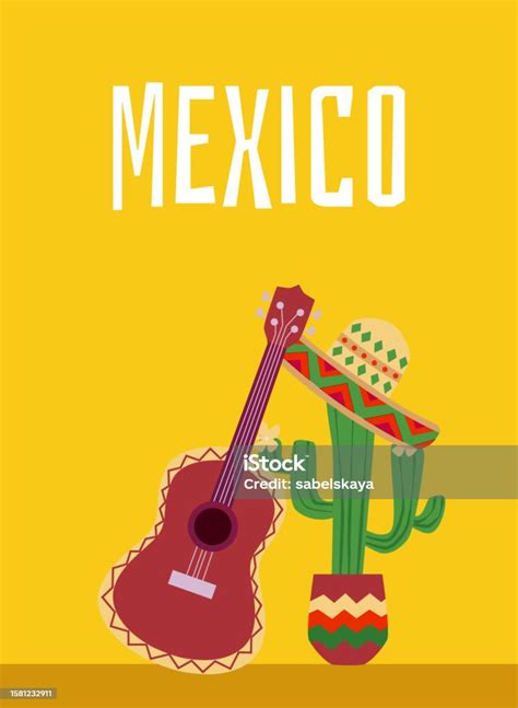 냄비에 녹색 선인장이 솜브레로 모자와 기타를 장식했습니다 국가 멕시코 라틴 전통 상징 및 문화 벡터 멕시코 포스터 노란색 배경에 0명에 대한 스톡 벡터 아트 및 기타 이미지