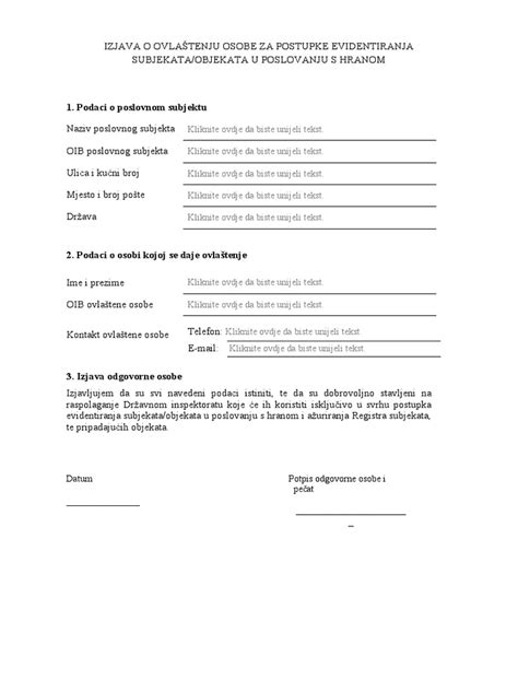 Izjava O Ovlaštenju Osobe Za Postupke Evidentiranja Pdf