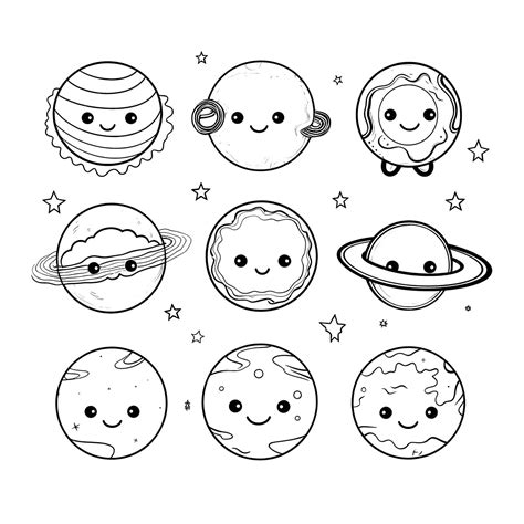 어린이와 성인을 위한 귀여운 행성 그룹 흑백 색칠 페이지 라인 아트 간단한 만화 스타일 행복하고 귀엽고 재미있습니다 프리미엄 벡터