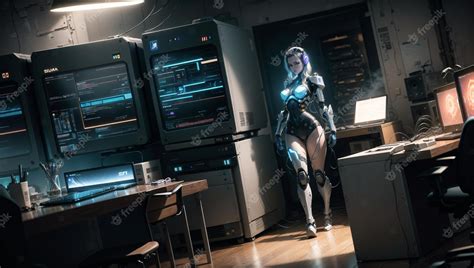 Premium Photo Artificial Intelligence Cyborg In A Cyberpunk Style Server Room