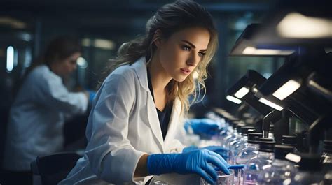 Premium Ai Image Arafed Woman In Lab Coat And Blue Gloves Working On A Machine Generative Ai
