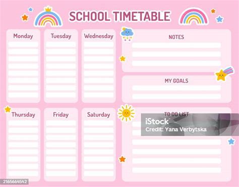 학교 시간표 어린이를 위한 인쇄 가능한 주간 플래너 수업 수업 계획 메모 목표 할 일 목록 키즈 일정 디자인 템플릿입니다 무지개 별이 있는 소녀를 위한 핑크 주간 플래너