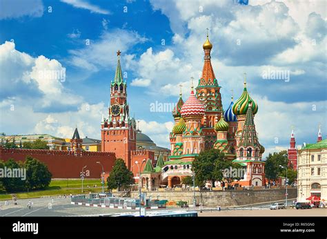 Panoramic View On Moscow Red Square Kremlin Towers Clock Kuranti Saint