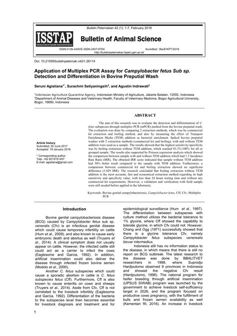 Pdf Application Of Multiplex Pcr Assay For Campylobacter Fetus Sub Sp Detection And