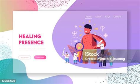 수두 수두 증상 방문 페이지 템플릿입니다 몸에 빨간 여드름과 거대한 소년 근처 물건작은 의사 문자 사람들 예방 접종 의료 예방 만화 벡터 일러스트레이션 배경 주제에 대한