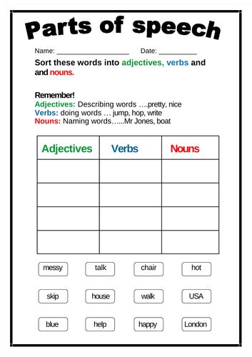 Parts Of Speech 2 Worksheets Adjectives Nouns And Verbs Teaching