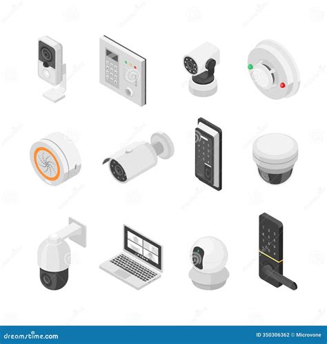 Home Security Isometric Elements Cctv Camera Signaling And Code Lockers Stock Illustration