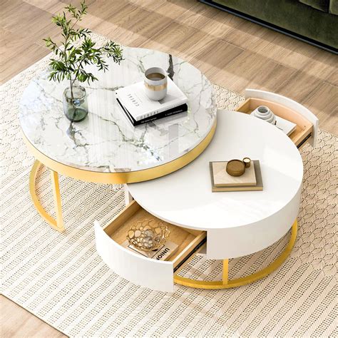 Modern Round Nesting Coffee Table With Drawers In White