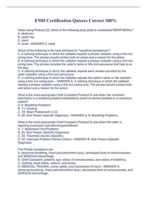 Emd Certification Quizzes Correct 100 Emd Emergency Medical Dispatcher Stuvia Us