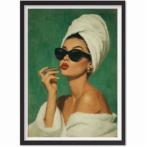 Lipstick Glam Woman Poster Retro Vanity Wall Art In Green With