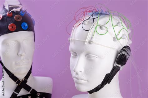 Model Heads With Eeg Electrodes Different Types Eeg Headset Equipment