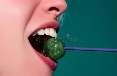 Close Up Lips With Lollipop Isolated Blowjob Sensual Mouth With