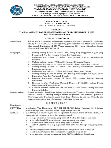 Sk Tim Manajemen Bop Tk Sidodadi Pdf
