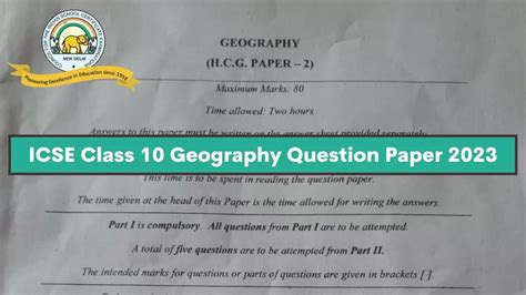 Icse Class 10 Geography Question Paper 2023 Download Pdf