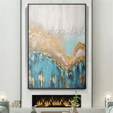 현대 추상 블루 골드 유화 아크릴 벽 아트 그림 캔버스 회화 거실 홈 Quadros Caudros Decoracion그림