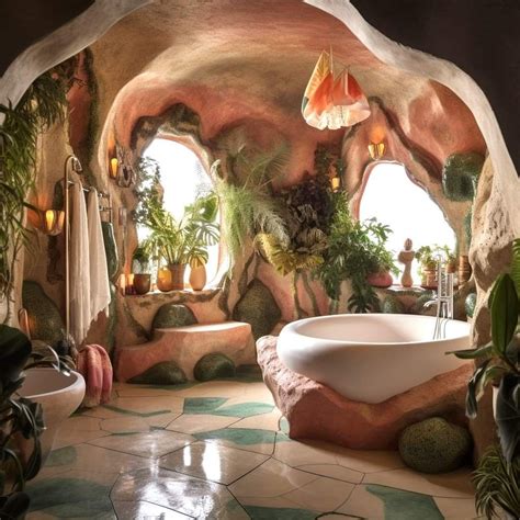 Boho Style Bathroom Decor With Plants And Rocks Mushroom House