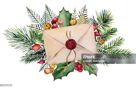 봉인 된 봉투 전나무 나뭇 가지 열매 및 종이있는 크리스마스 수채화 그림 봉투에 대한 스톡 벡터 아트 및 기타 이미지 봉투 소나무 목재 0명 Istock
