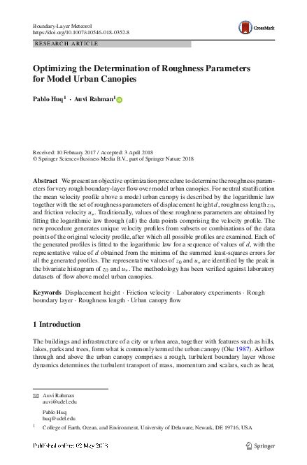 Pdf Optimizing The Determination Of Roughness Parameters For Model Urban Canopies