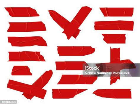 빨간 덕트 테이프 포장을위한 사실적인 밝은 끈적 끈적한 조각 비정형 가장자리와 주름이 있는 찢어진 수리 플라스틱 밴드 유연한 픽서 주름붕대 부품 벡터 접착제 스트립 세트