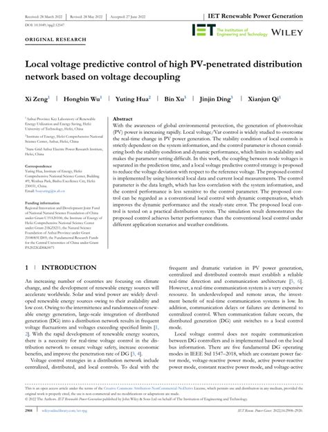 Pdf Local Voltage Predictive Control Of High Pv‐penetrated