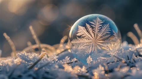 A Frozen Bubble With A Snowflake Inside Resting On A Bed Of Frost Premium Ai Generated Image