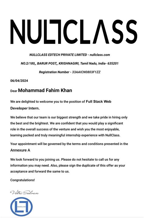 Mohammad Fahim Khan On Linkedin Hey Everyone Got Another Internship Offer From Nullclass In Web