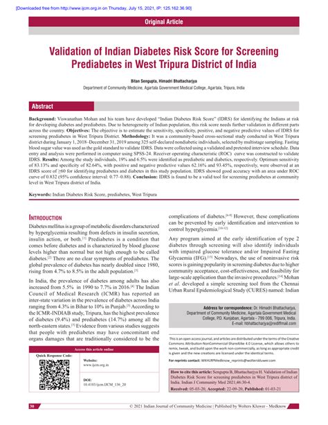 Pdf Validation Of Indian Diabetes Risk Score For Screening