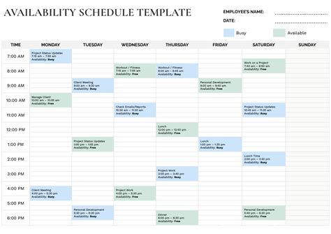 Work Availability Schedule Template