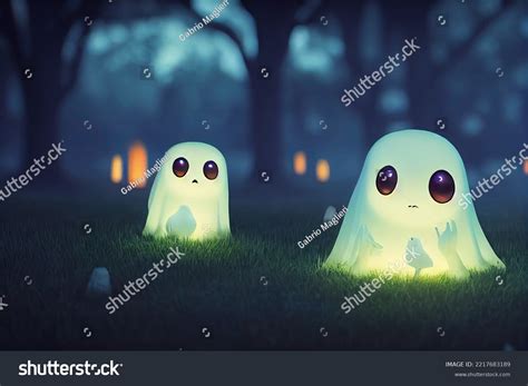 Cute Kawaii Ghost Graveyard Glowing Lights Stock Illustration