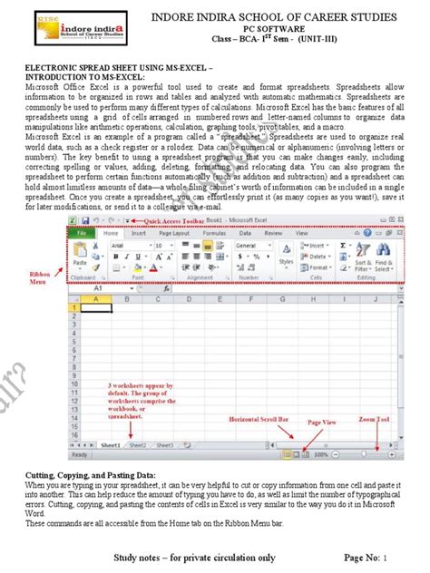 Pc Software Class Bca I Sem Unit Iii Electronic Spread Sheet Using Ms Excel