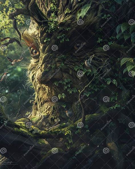 An Ancient Tree Ent Moving Through The Forest Its Eyes Wise And Deep Birds Nesting In Its Leafy