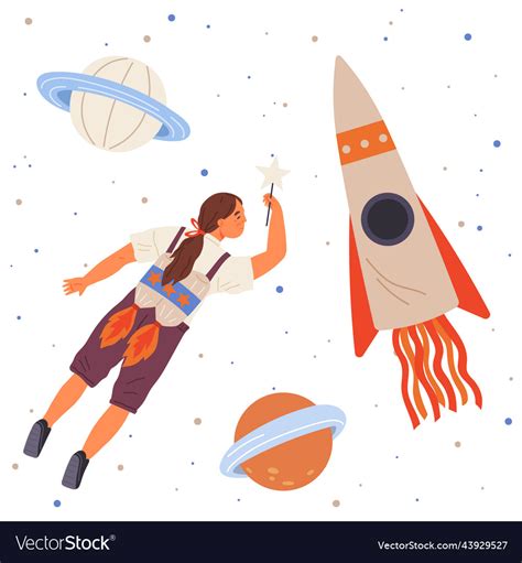 Girl With Self Made Jetpack Flying To Sky Lady Vector Image