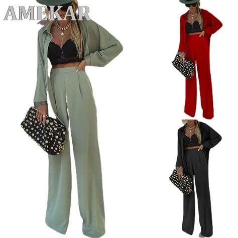 2022 캐주얼 긴 소매 티셔츠와 바지 투피스 세트 여성 가을 겨울 Femme 우아한 솔리드 전체 길이 바지 And 코트 정장 세트 Aliexpress