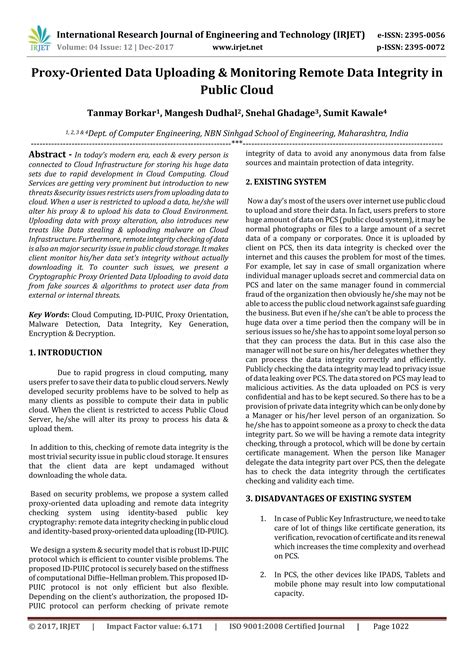 Proxy Oriented Data Uploading And Monitoring Remote Data Integrity In Public Cloud Pdf