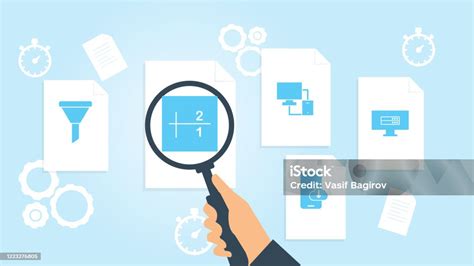 데이터베이스 서버 파일 문서 연구 벡터 일러스트레이션 검색 아이콘으로 문서작성합니다 파일 및 돋보기 분석 연구 기호입니다 벡터 일러스트레이션 개념에 대한 스톡 벡터 아트 및