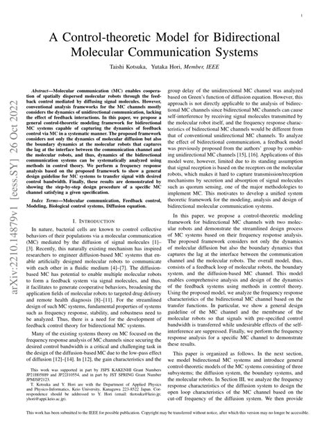 Pdf A Control Theoretic Model For Bidirectional Molecular Communication Systems