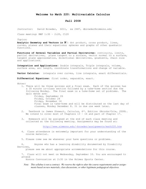 Syllabus Math 220 Multivariable Calculus