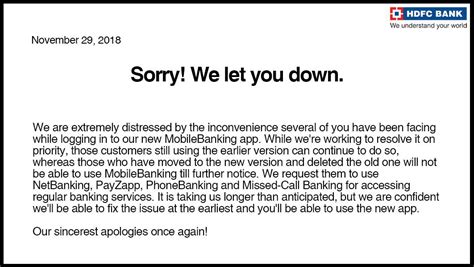 Hdfc Bank Sorry We Let You Down We Are Extremely