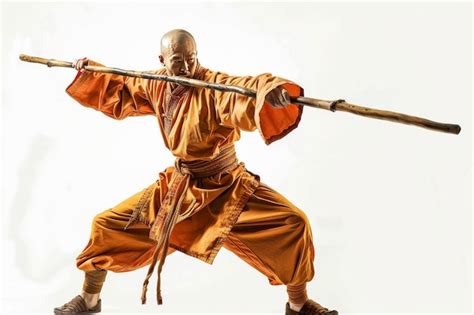 Premium Photo Fighting Monk With Staff On White Background